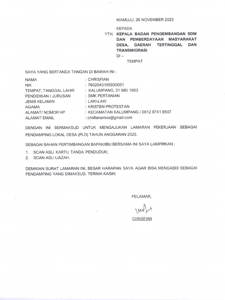 Surat Lamaran PLD Crisfian | PDF