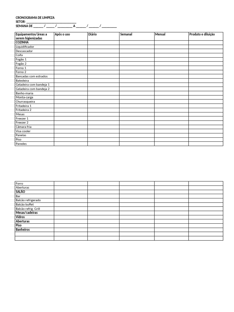Mapa Cronograma de Limpeza | PDF