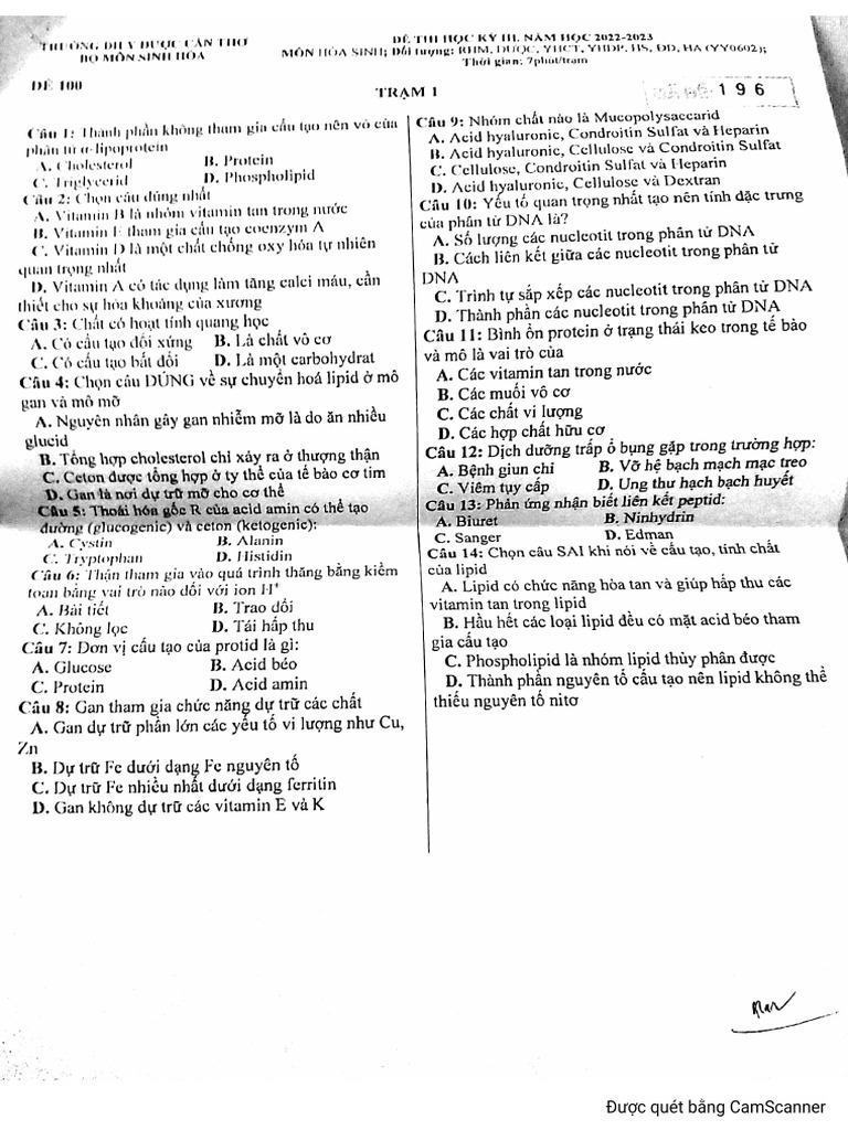 Hóa Sinh K47 - Đề Xanh | PDF