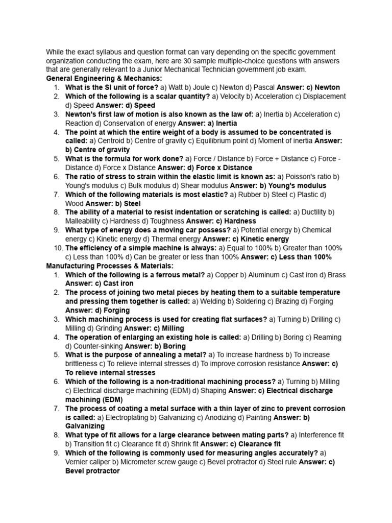 Junior Mechanical Technician Government Job Exam 3... | PDF | Force ...