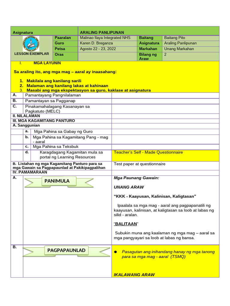 Lesson Exemplar in Aral Pan 2022 For 1st Week | PDF