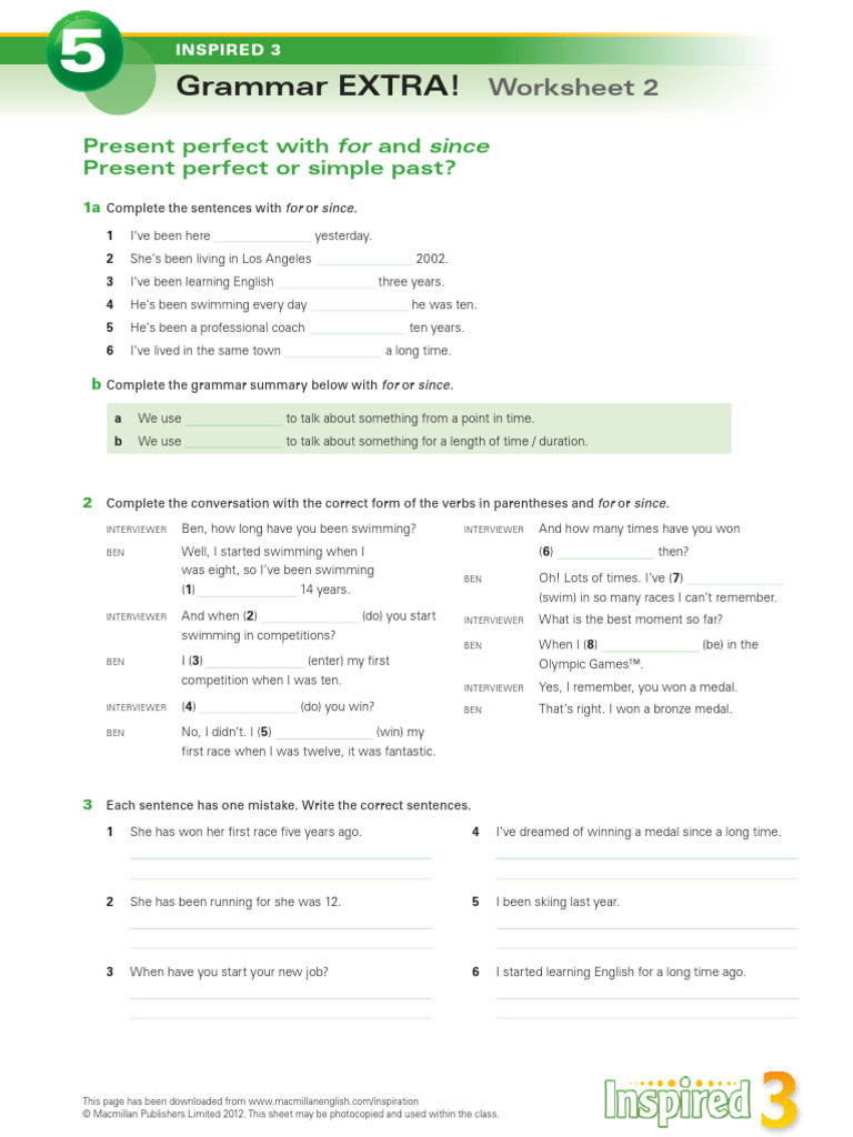 3eso Grammar-EXTRA - Inspired - 3 - Unit - 5 - Present - Perfect - With - For - and - Since ...