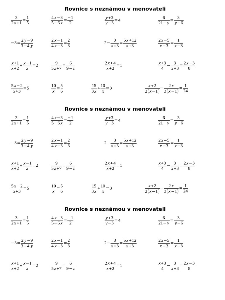 LineÃ¡rne Rovnice S Neznã¡mou V Menovateli 3 | PDF