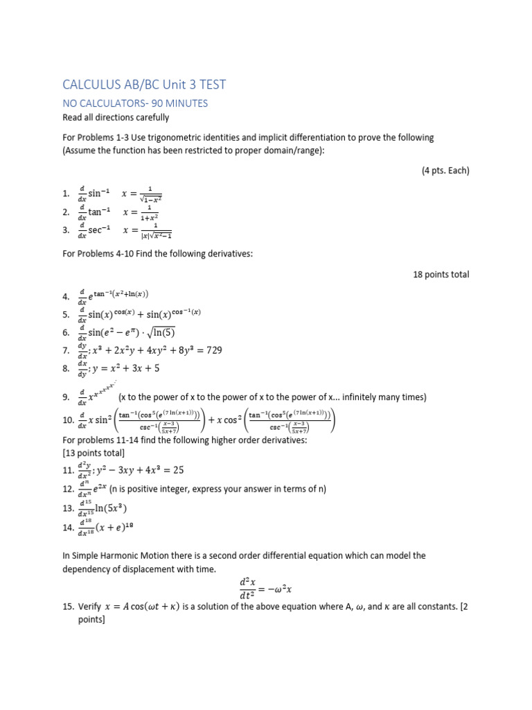 Calculus AB/BC Unit 3 Test Guide | PDF | Derivative | Mathematical ...
