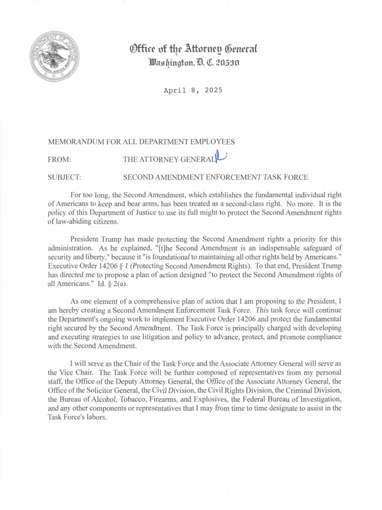 AG Bondi Memo Second Amendment Enforcement Task Force | PDF