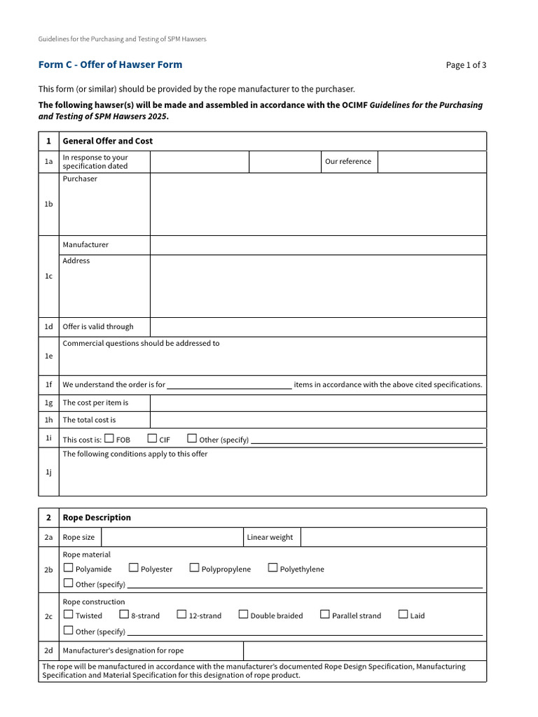 SPM Hawser Purchasing Guidelines | PDF | Rope