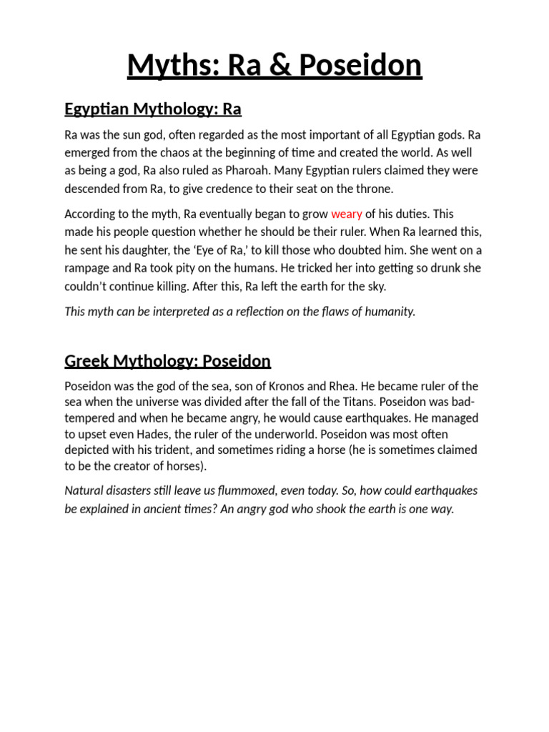 Myths (Ra & Poseidon) | PDF