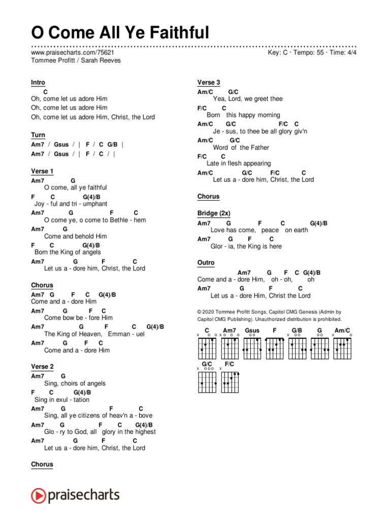 O Come All Ye Faithful (Sarah Reeves... ) Chord Chart - C - 2 Column ...