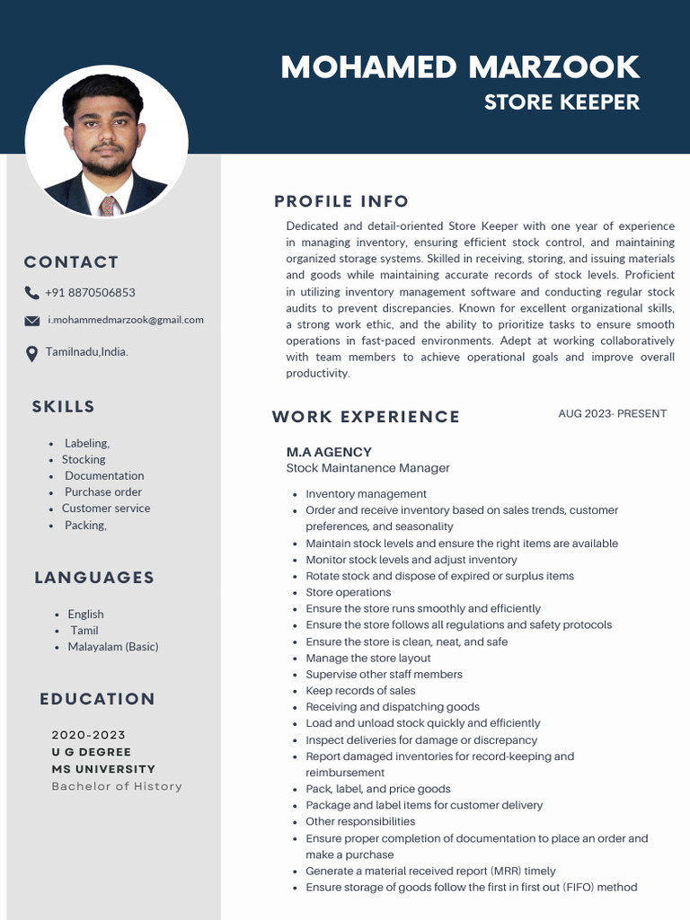 Blue and Gray Simple Professional CV Resume (10) | PDF | Inventory | Warehouse