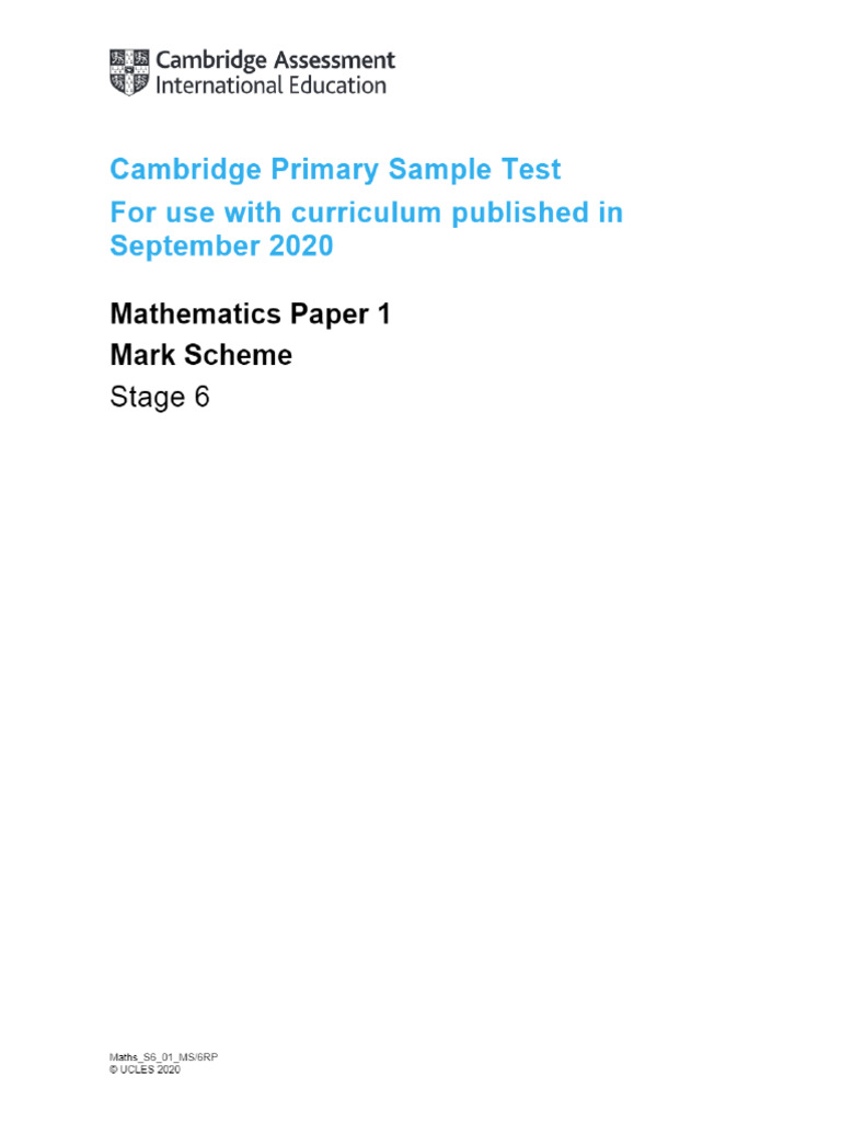 Cambridge Primary Sample Test - September 2020-Mathematics Paper 1 | PDF