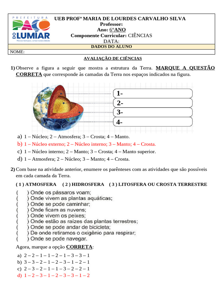 Atividades sobre Camadas da Terra 6º Ano | PDF