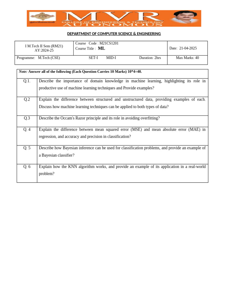 M.Tech Machine Learning Exam Questions | PDF