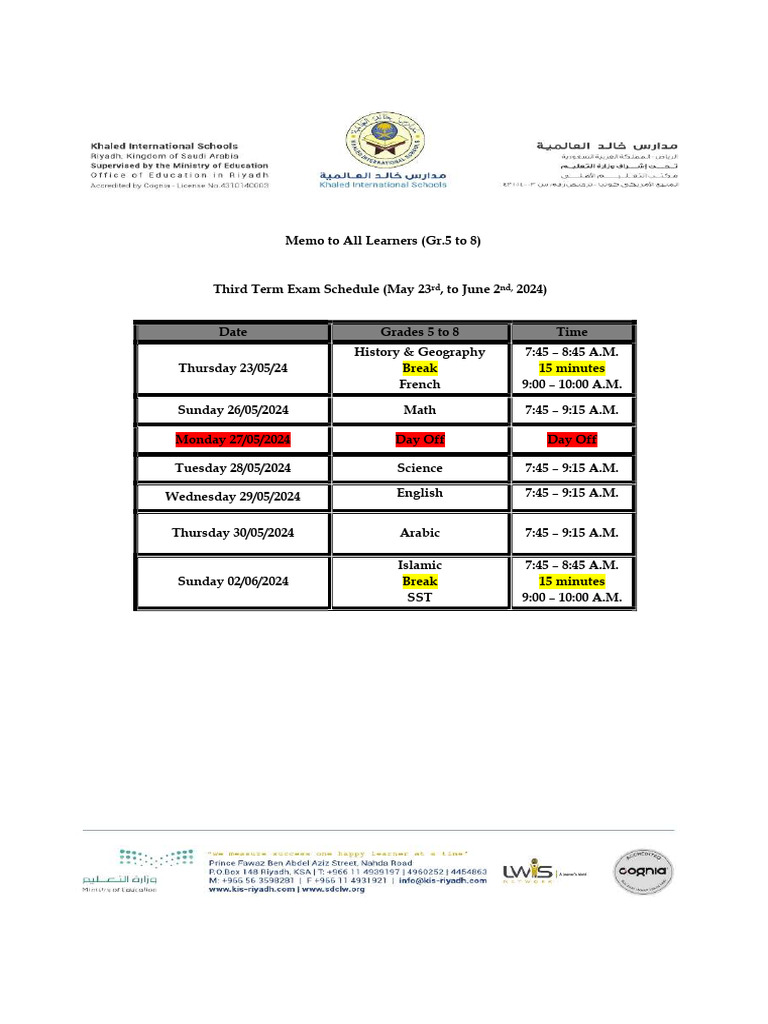 Third Term Exam Schedule Grades 5-8 | PDF