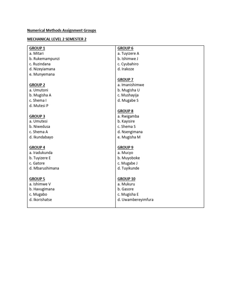 Numerical Methods Assignment Groups | PDF