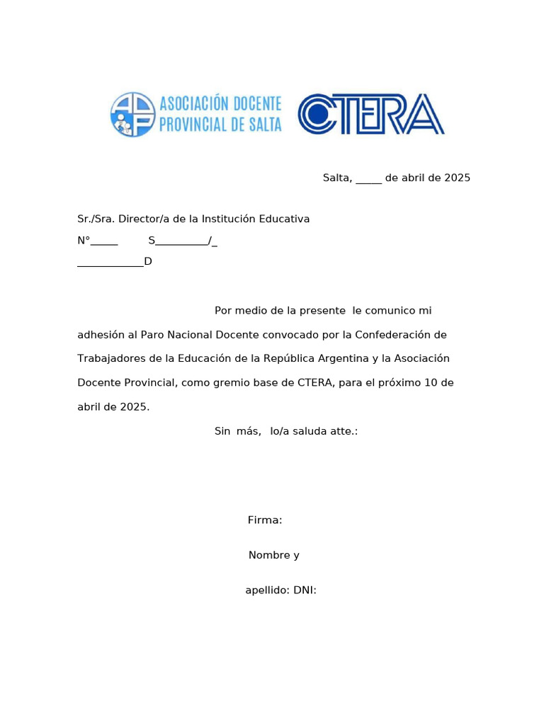 Nota de Adhesión al Paro Docente 2025 | PDF