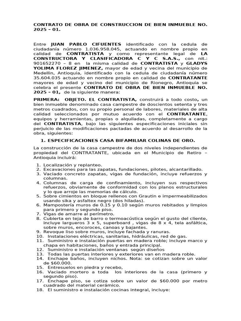 Contrato A Gladys Yolima de Obra Casa Campestre Retiro | PDF | Ingeniería de Edificación ...