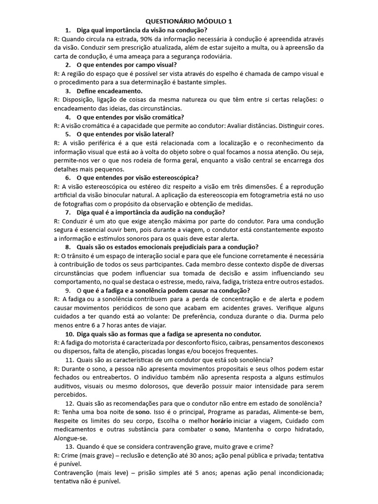 Questionário Módulo 1 | PDF | Tráfego | Crimes