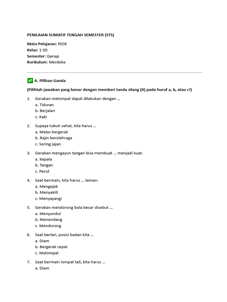 Penilaian Sumatif Tengah Semester Soal Pjok | PDF