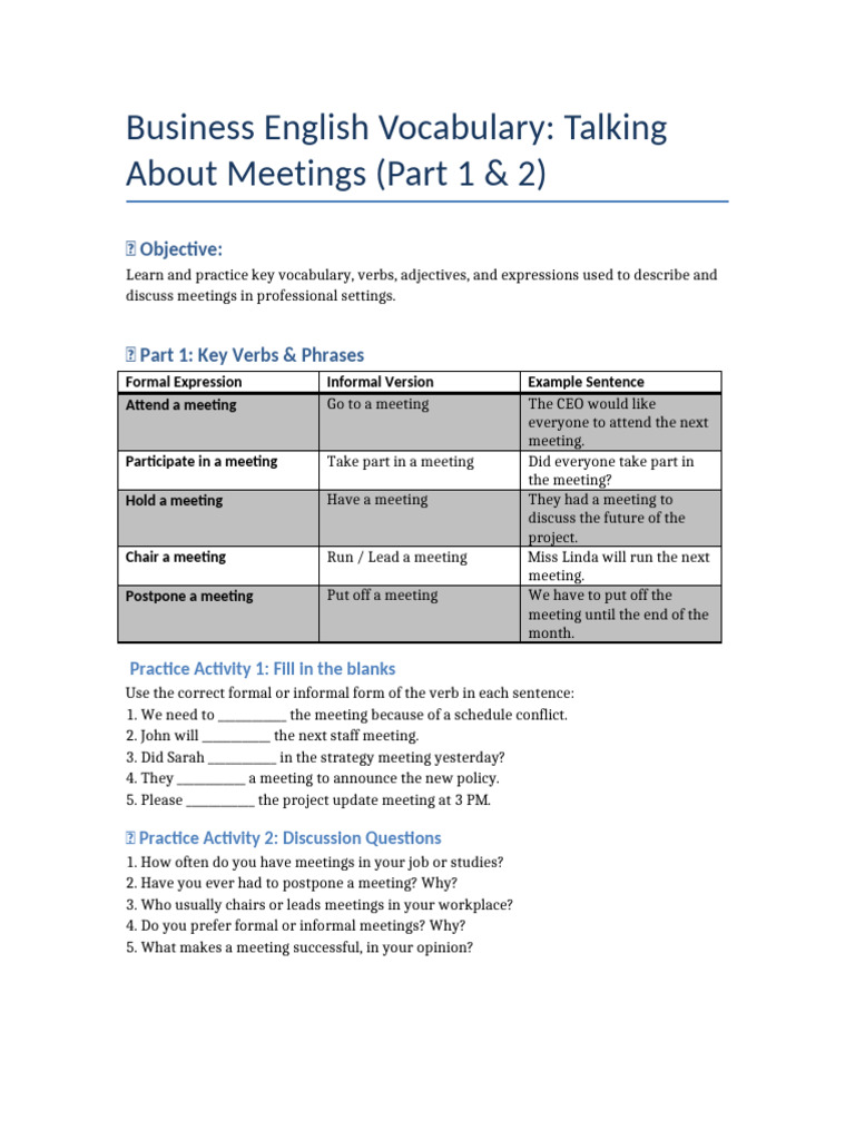 Business English Vocabulary Talking About Meetings | PDF | Verb ...