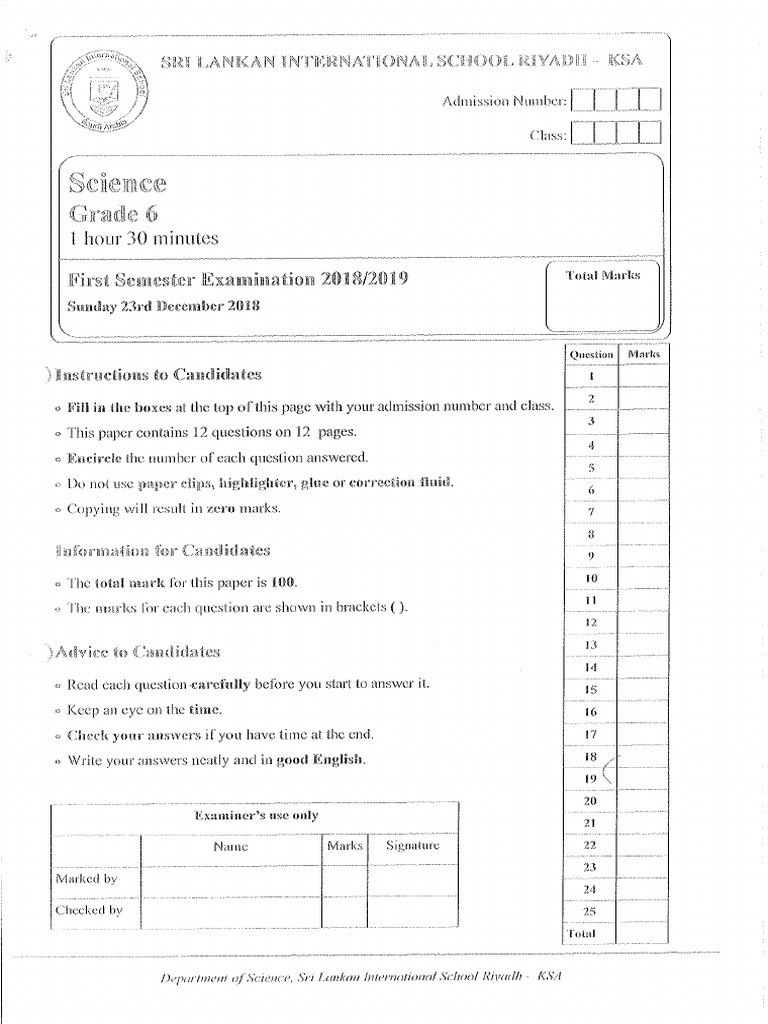 6 Science SEM 1 2018 - 19 | PDF