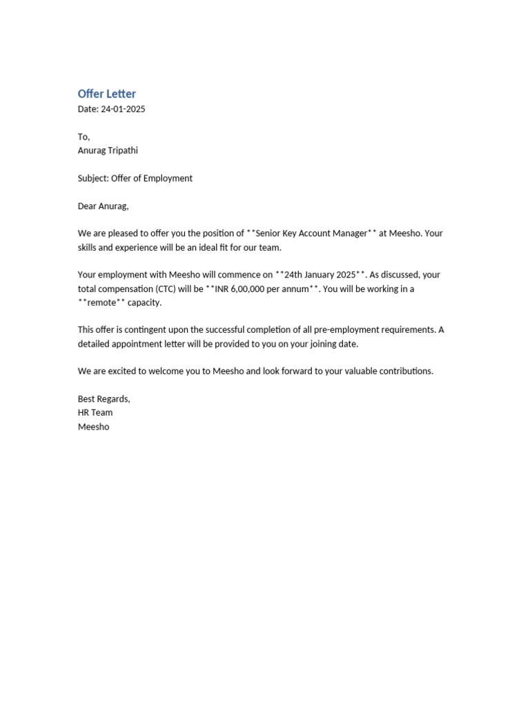 Meesho Job Offer for Anurag Tripathi | PDF