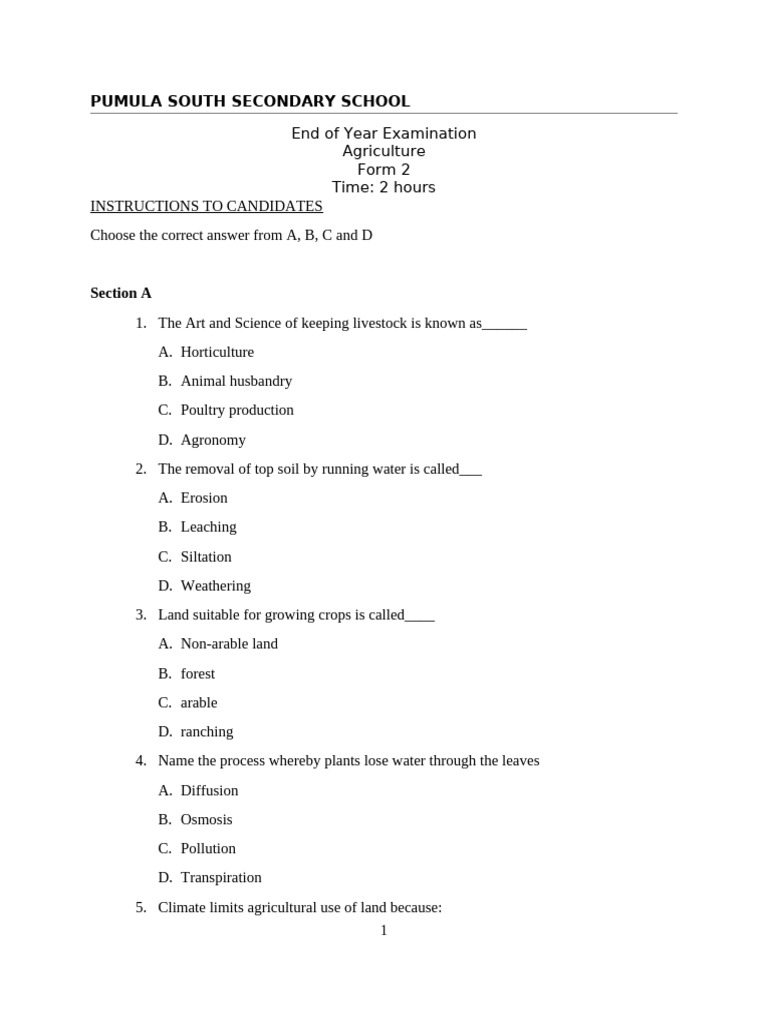 Agric F1 End of Year Exam | PDF | Plants | Soil