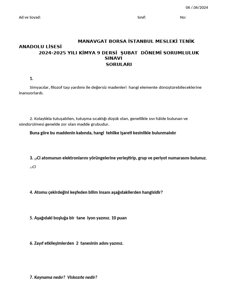 9.sinif Ki̇mya Sorumluluk Sinavi | PDF