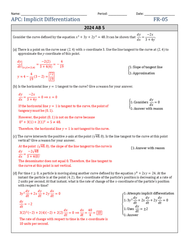 FR-05 - Implicit Differentiation (Answers) | PDF | Tangent | Geometry