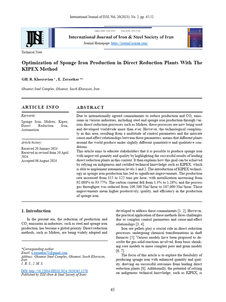 بهینه‌سازی تولید آهن اسفنجی در واحدهای احیاء مستقیم میدرکس به روش KIPEX ...