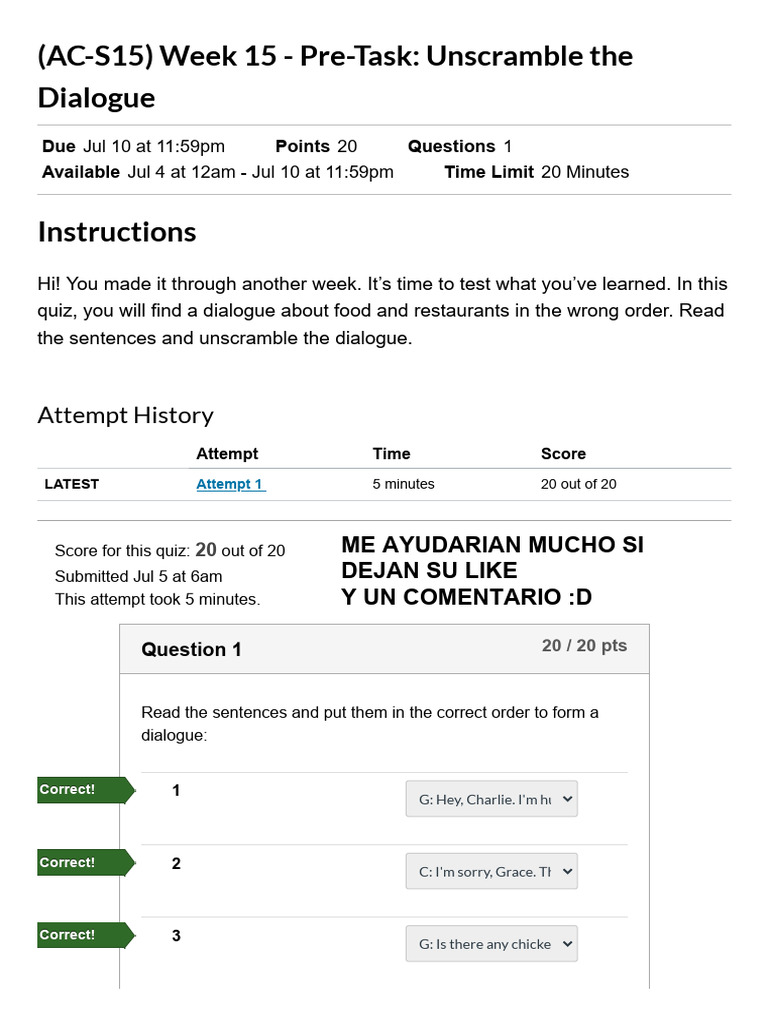 (AC-S15) Week 15 - Pre-Task - Unscramble The Dialogue - INGLES II | PDF
