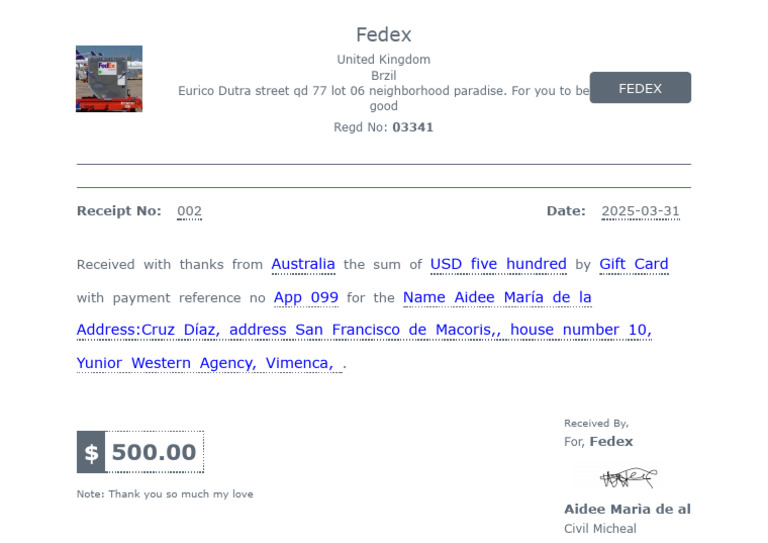 Receipt for $500 Gift Card Transfer | PDF