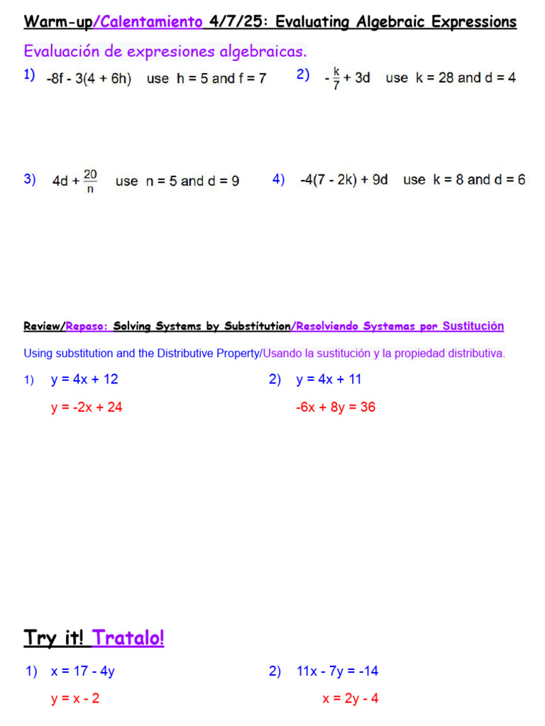 Review - Solving Systems by Substitution | PDF