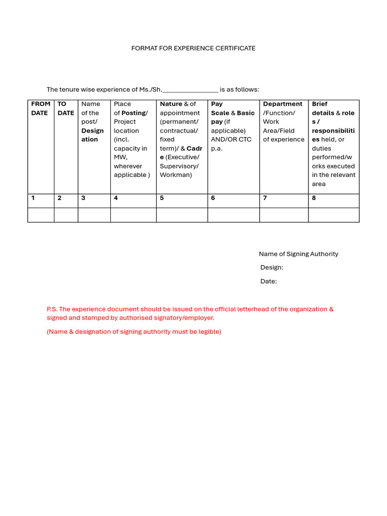 Experience Cert. Format | PDF