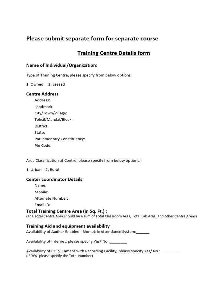 Training Centre Infrastructure Submission Form | PDF