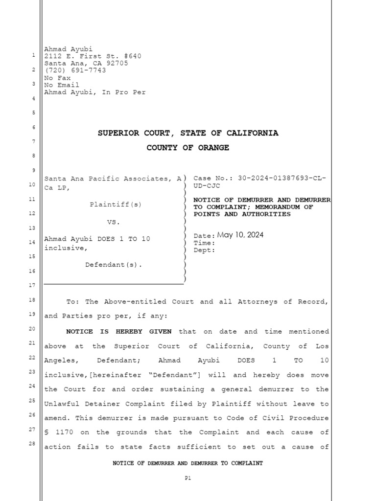 Demurrer to Unlawful Detainer Complaint | PDF | Demurrer | Legal Procedure