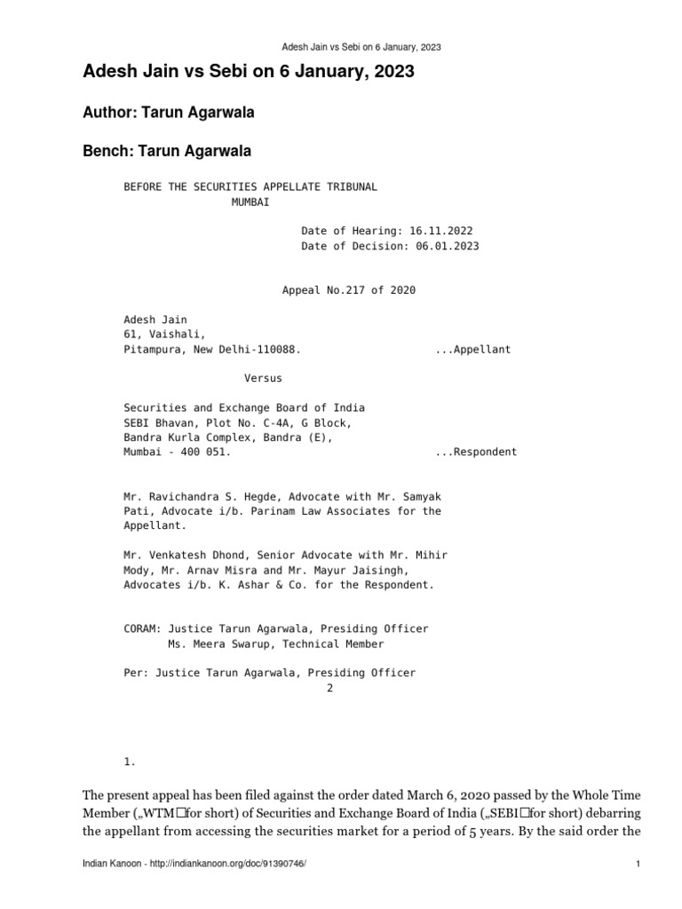 Adesh Jain Vs Sebi On 6 January, 2023 | PDF