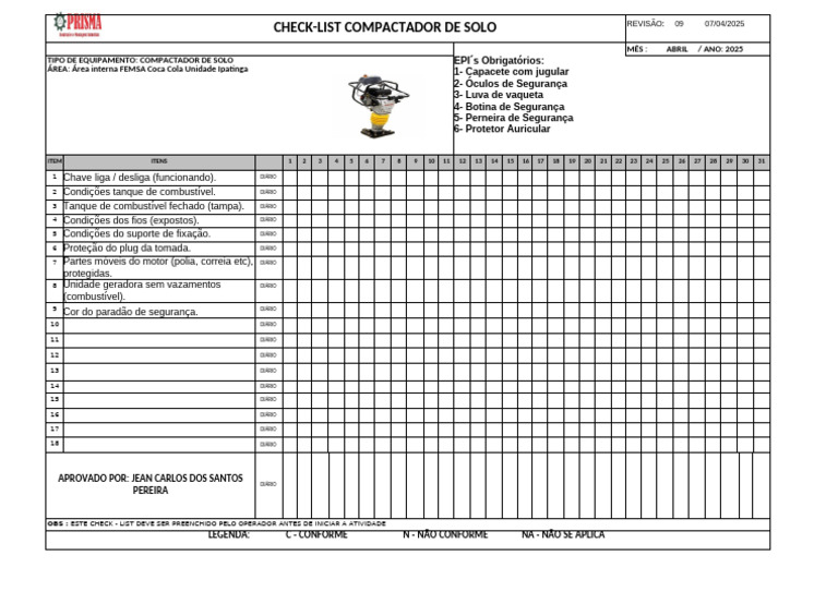 Check List Compactador de Solo Mensal | PDF