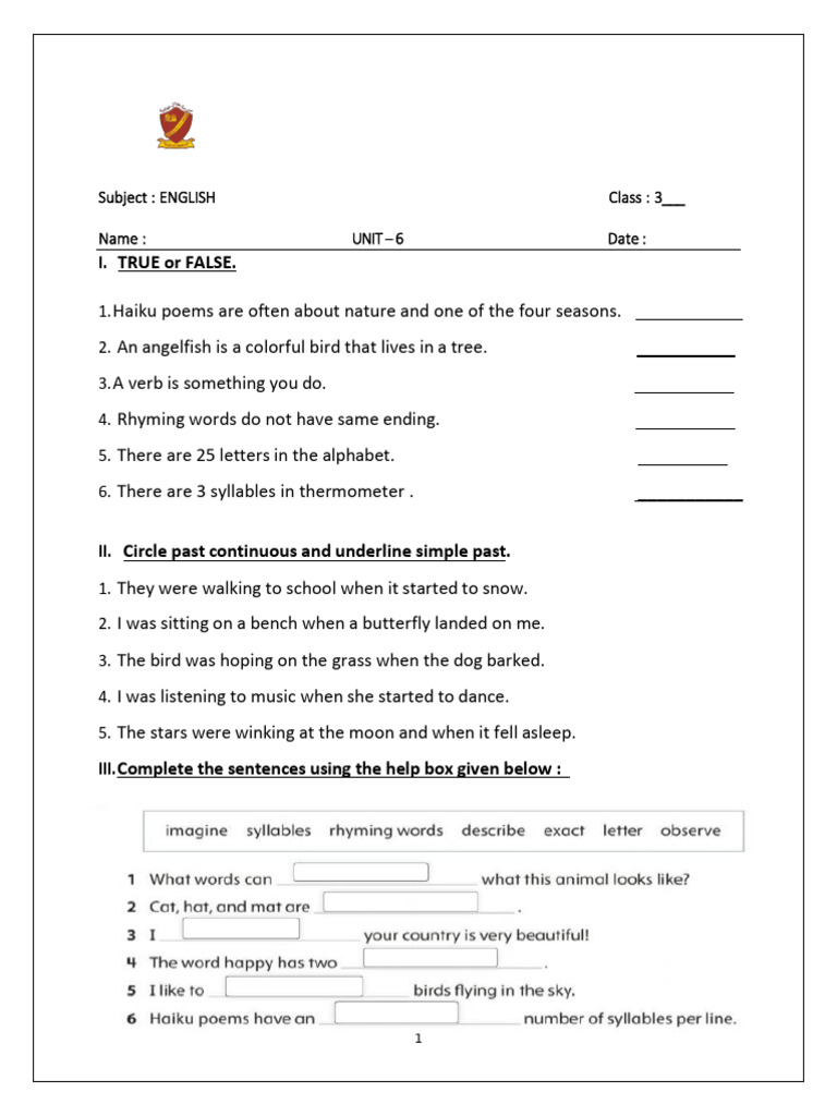 G3 English Unit 6 Worksheet | PDF