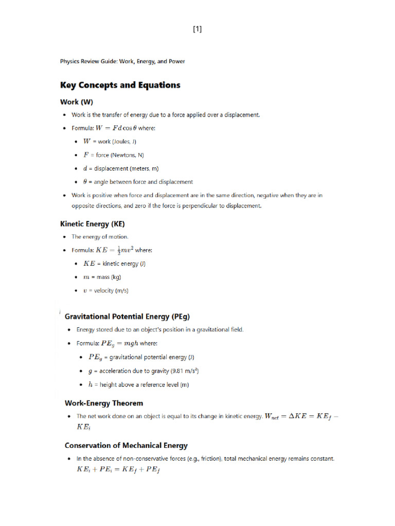 Review Guide Work Energy and Power | PDF