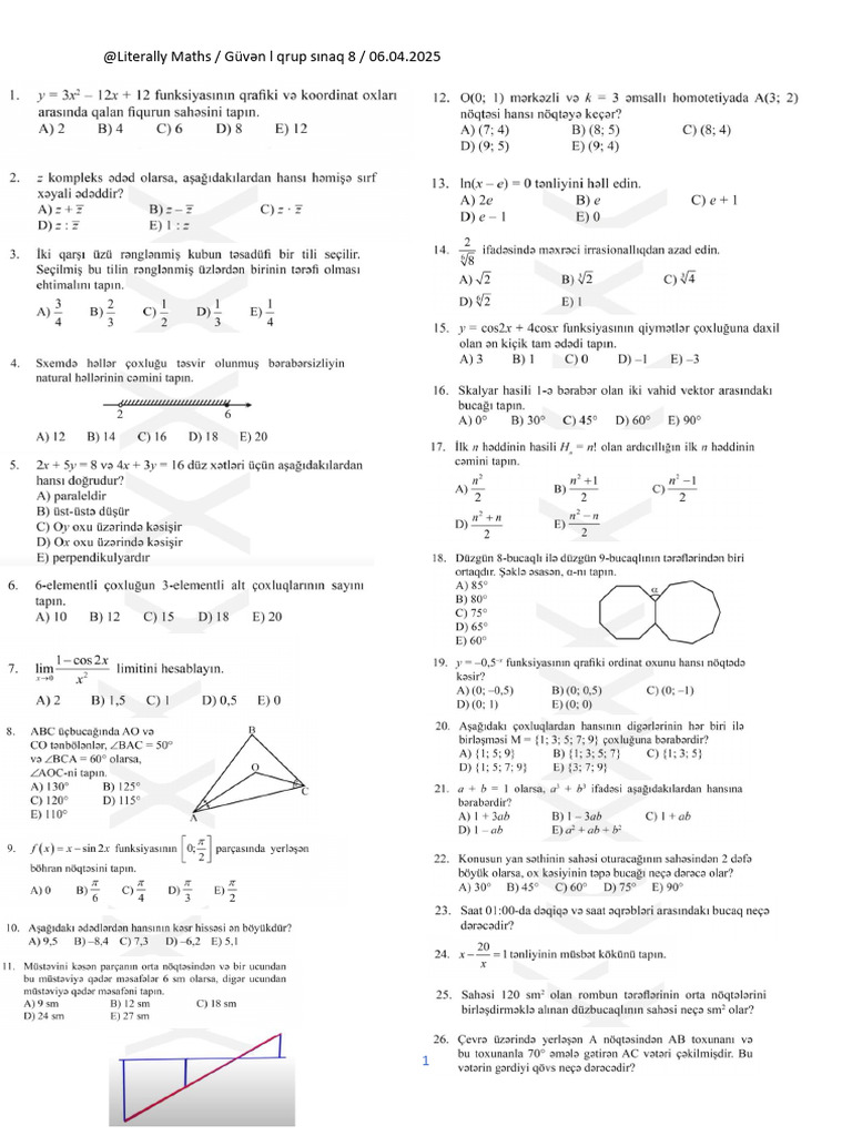 T.Me/Literallymath: @literally Maths / Güvən L Qrup Sınaq 8 / 06.04.2025 | PDF