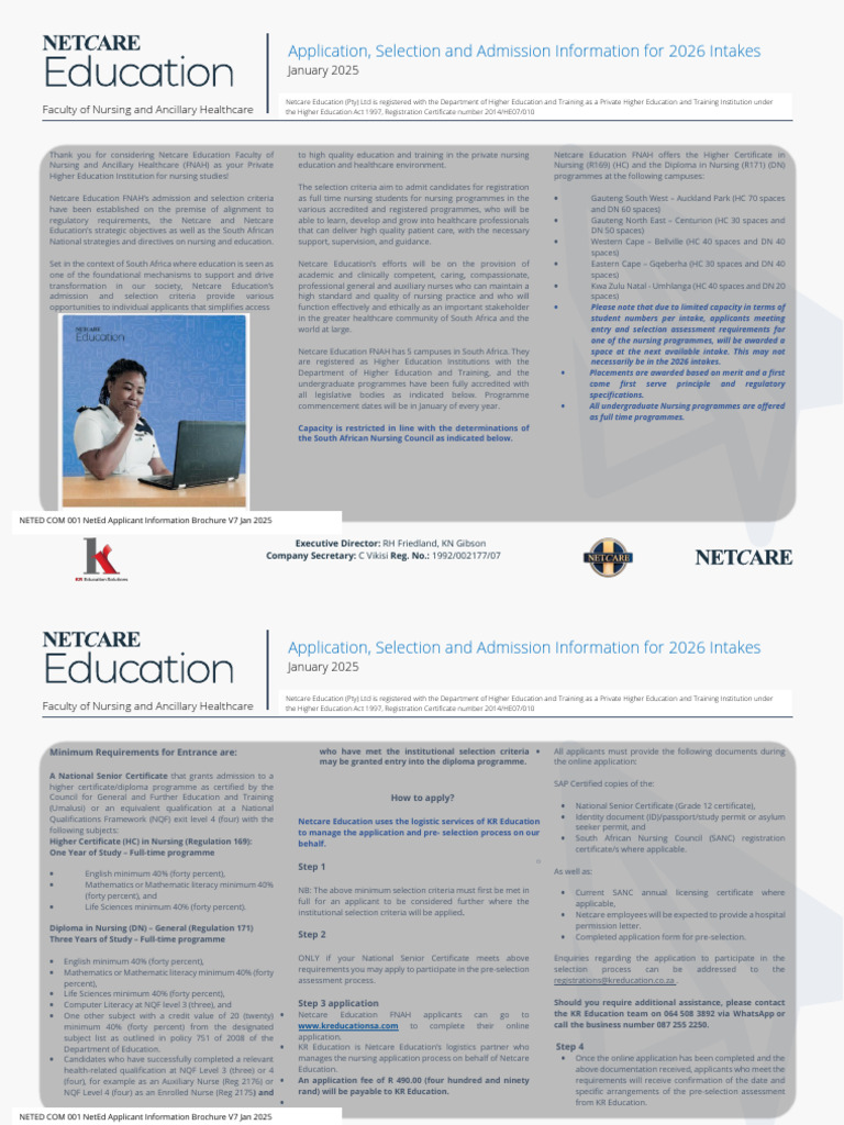 Netcare Applicant Information Brochure Jan 2025 | PDF | Diploma ...