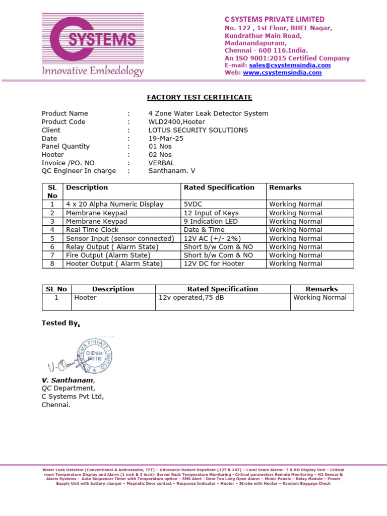 Test Certificate WLD 4251998 | PDF | Sensor | Security Alarm