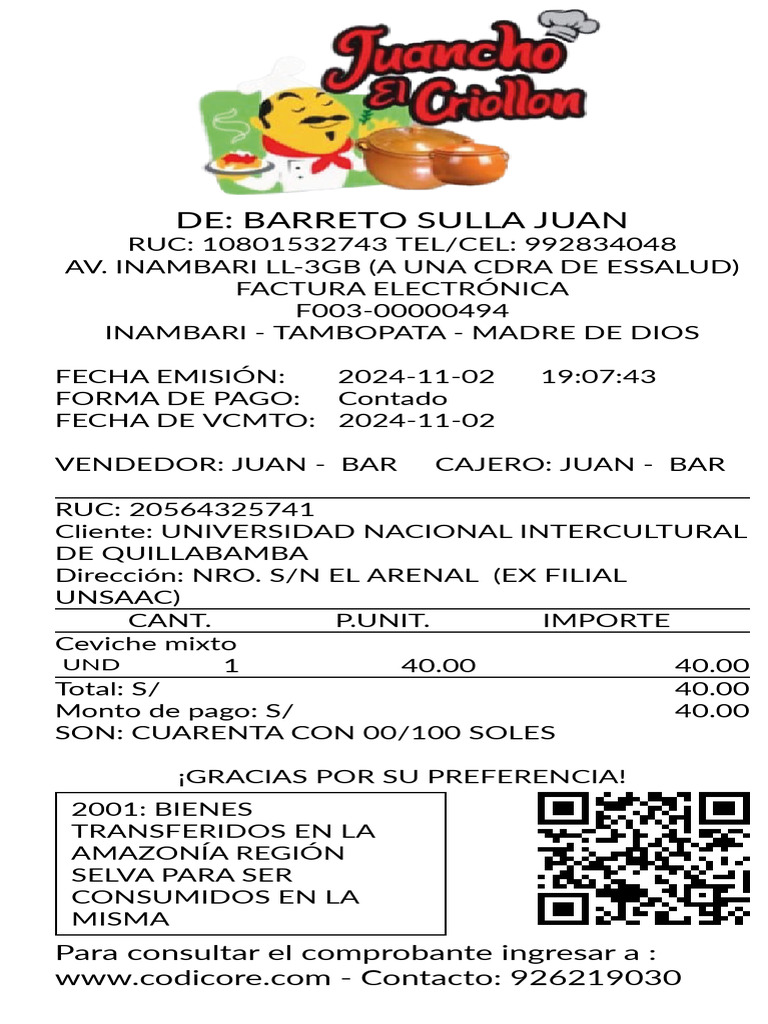 Factura Electrónica de Ceviche para Universidad | PDF