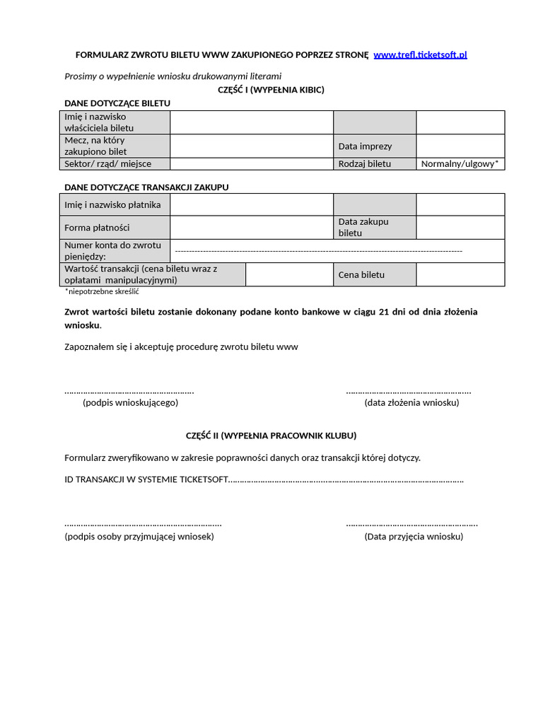 Formularz Zwrotu Biletu | PDF