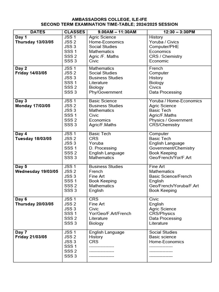 2nd Term Exam Time-Table 2024-2025 Session | PDF | Science