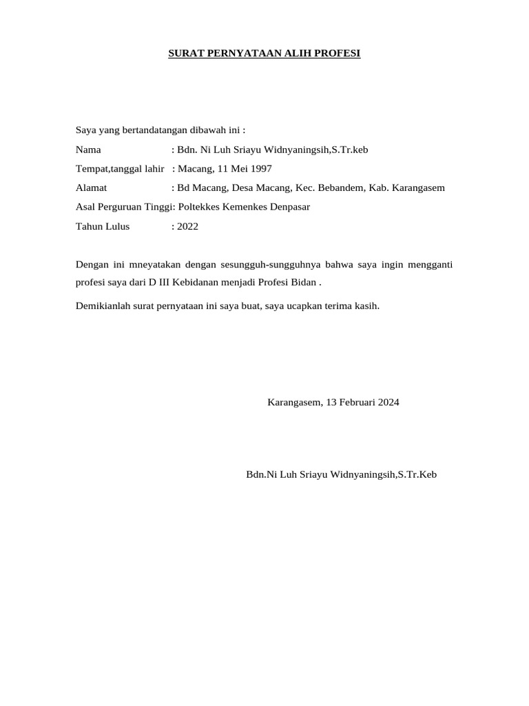Surat Pernyataan Alih Profesi | PDF