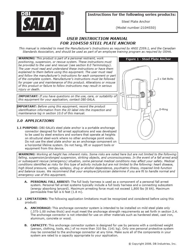 User Instruction Manual For 2104550 Steel Plate Anchor: Instructions ...