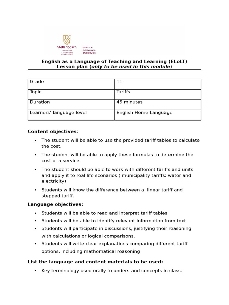 Lesson Plan 1 - English As LoLT | PDF | Lesson Plan | English Language