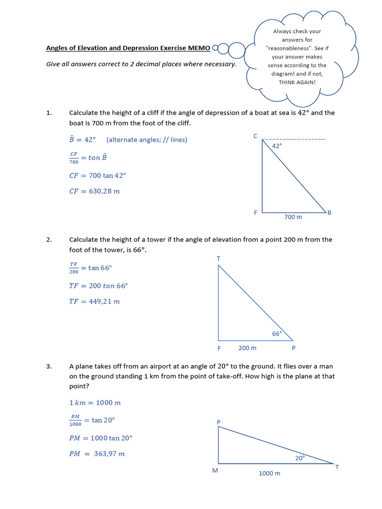 Angles of Elevation and Depression Exercise MEMO | PDF