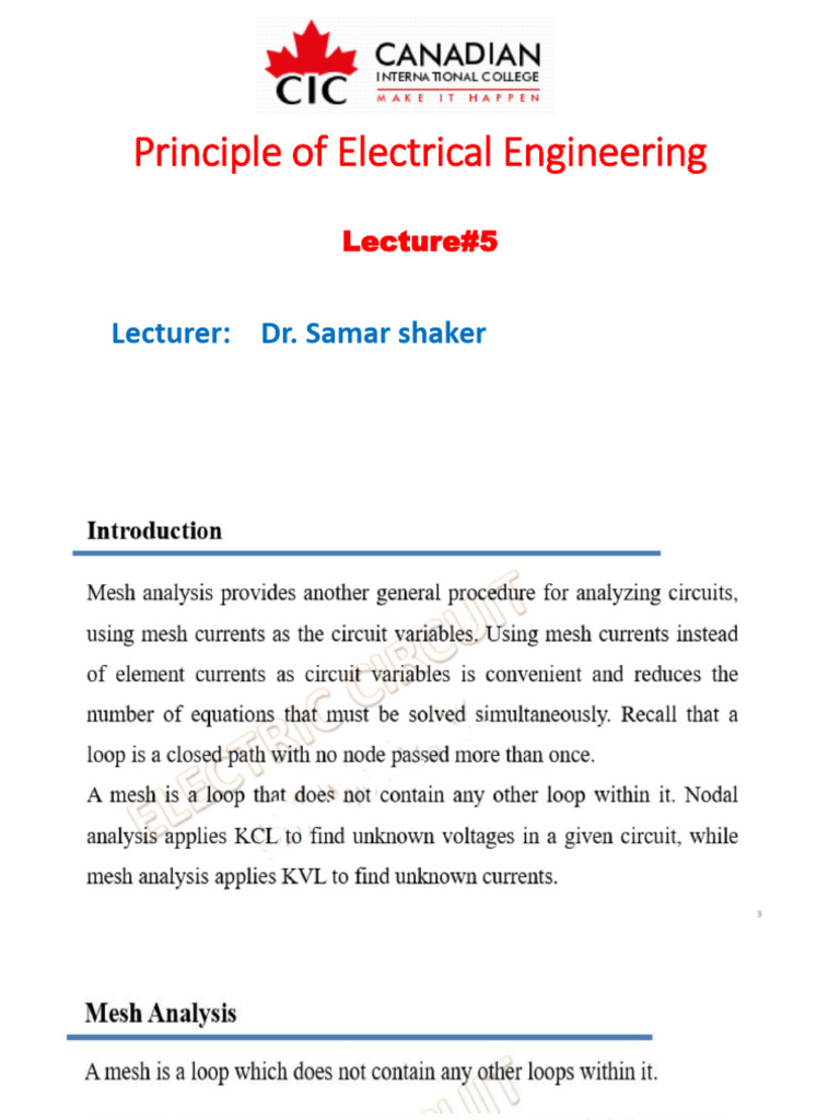 Principle of Electrical Engineering: Lecturer: Dr. Samar Shaker | PDF